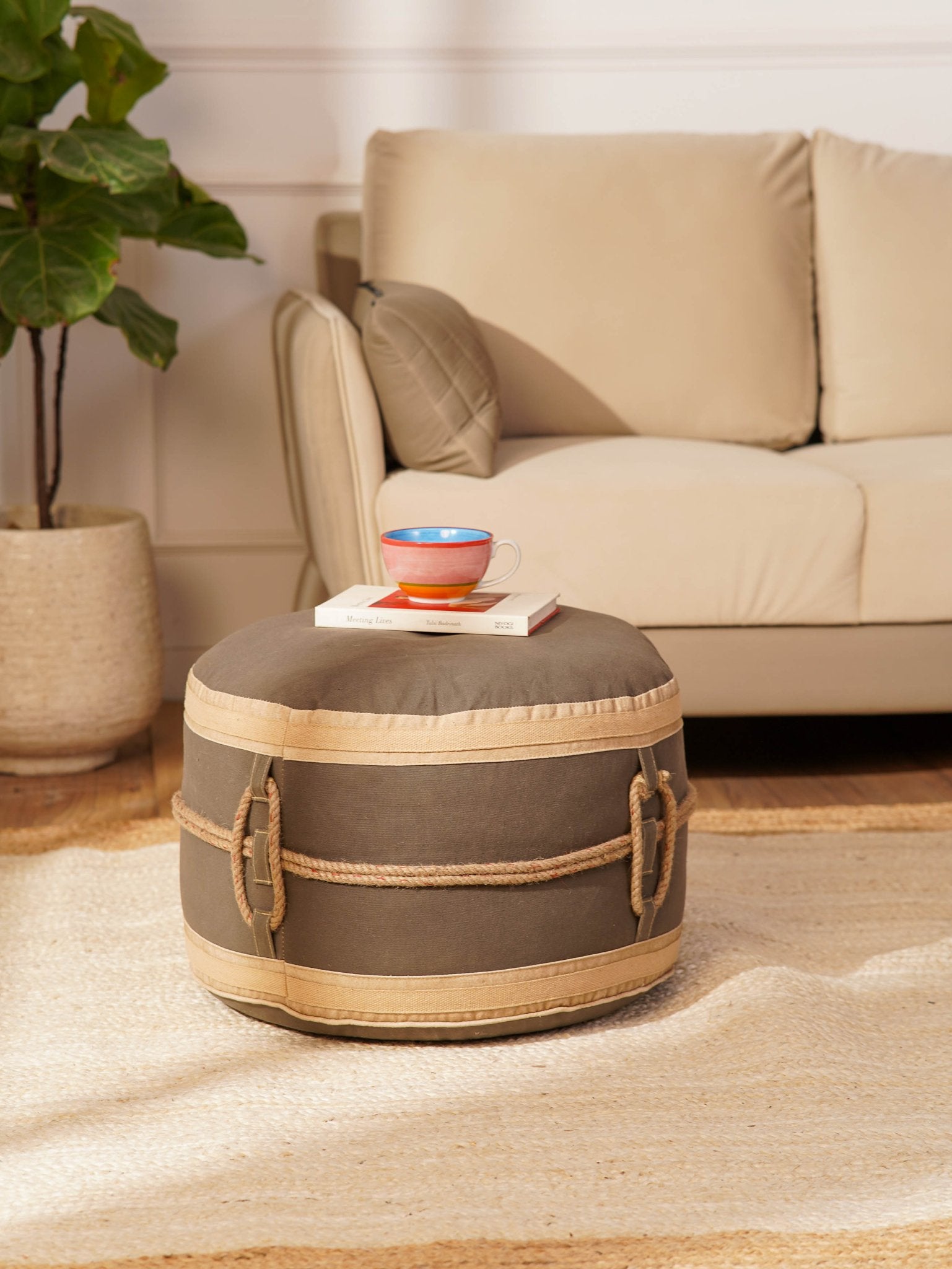 Nomad Loop Canvas Pouf – Round Ottoman | Beige with Handles