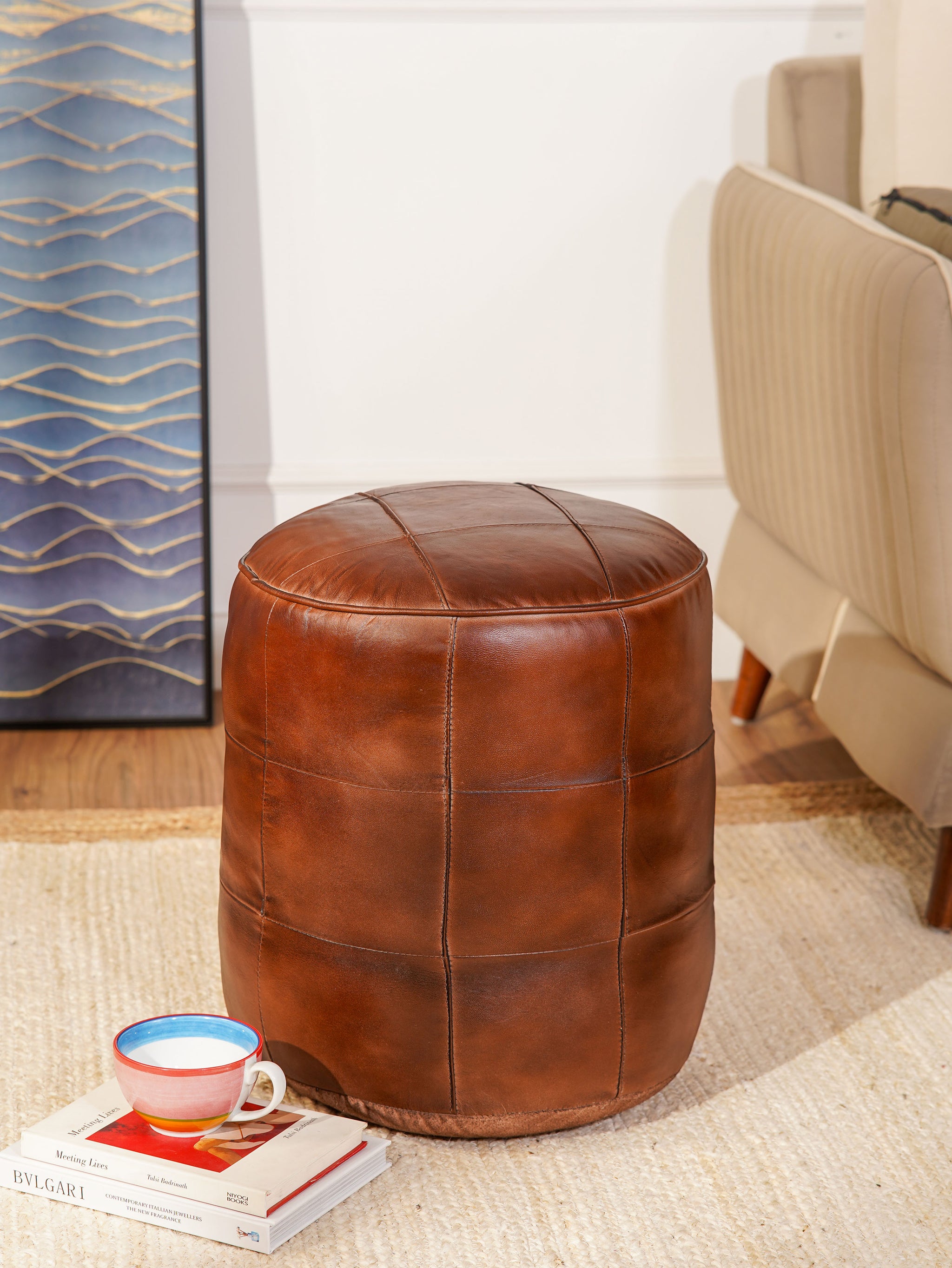 Terracotta Tuffet Round Leather Pouf – Handmade Ottoman | Cognac Brown